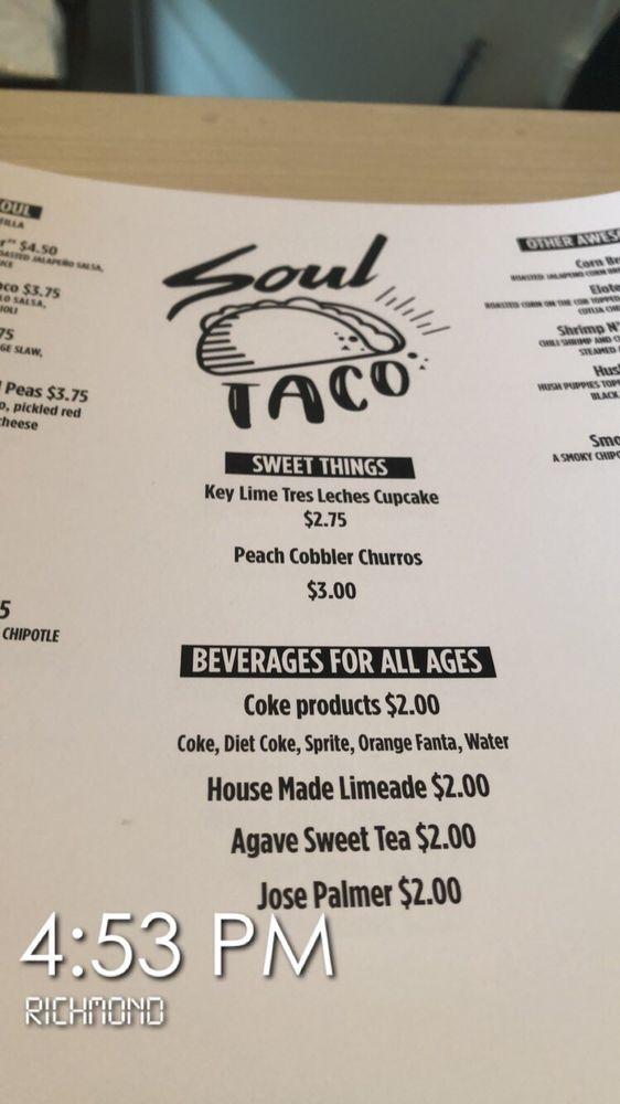 Menu at Soul Taco restaurant, Richmond, 321 N 2nd St