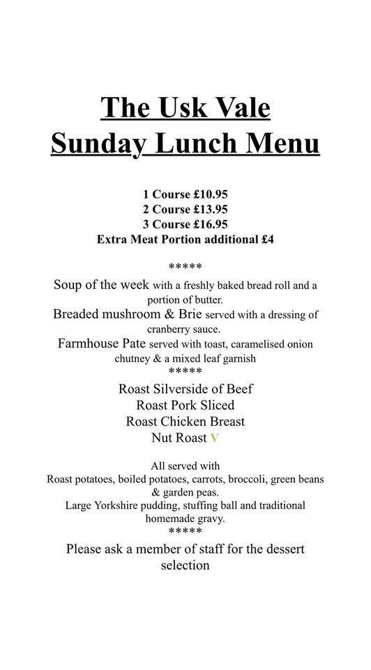 Menu at The Usk Vale Restaurant, Newport, Pillmawr Rd