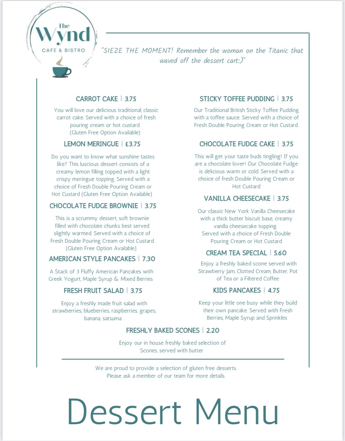 Menu at The Wynd Cafe and Burger Company, Darlington