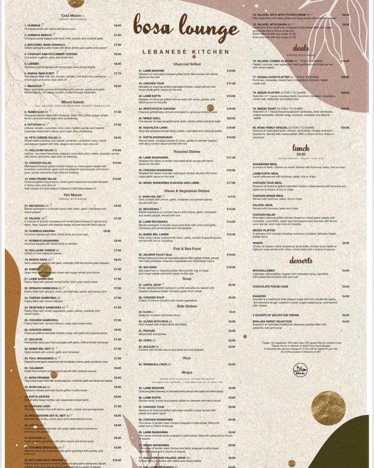 Menu at Bosa restaurant, London, 38 Replingham Rd
