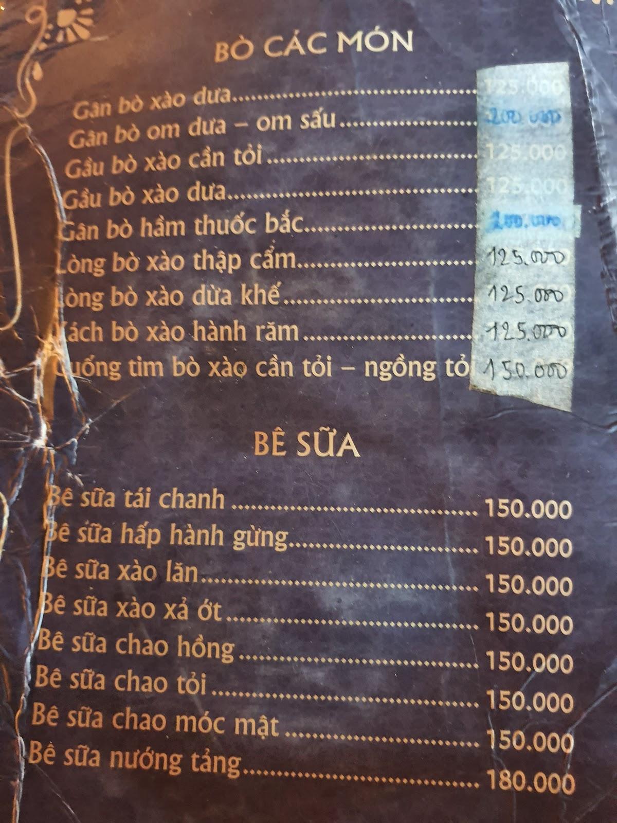 Menu at Bia Minh Châu restaurant, Hanoi
