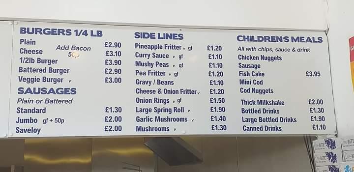 Menu at Captain Cod fast food, Christchurch