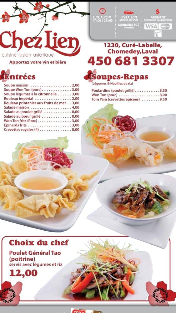 Menu at Chez Lien restaurant, Laval, Bd Curé-Labelle