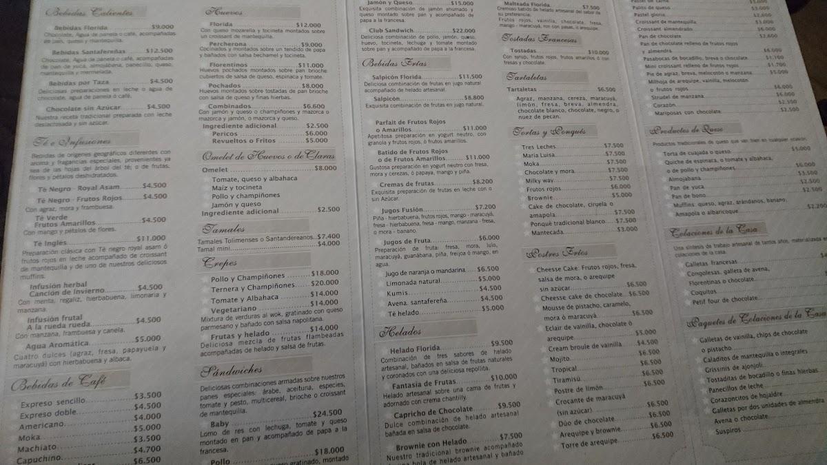 Carta del café Pastelería Florida, Bogotá
