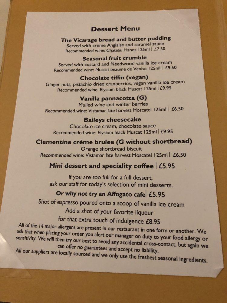 Menu at Pascal at The Old Vicarage restaurant, Burton upon Trent