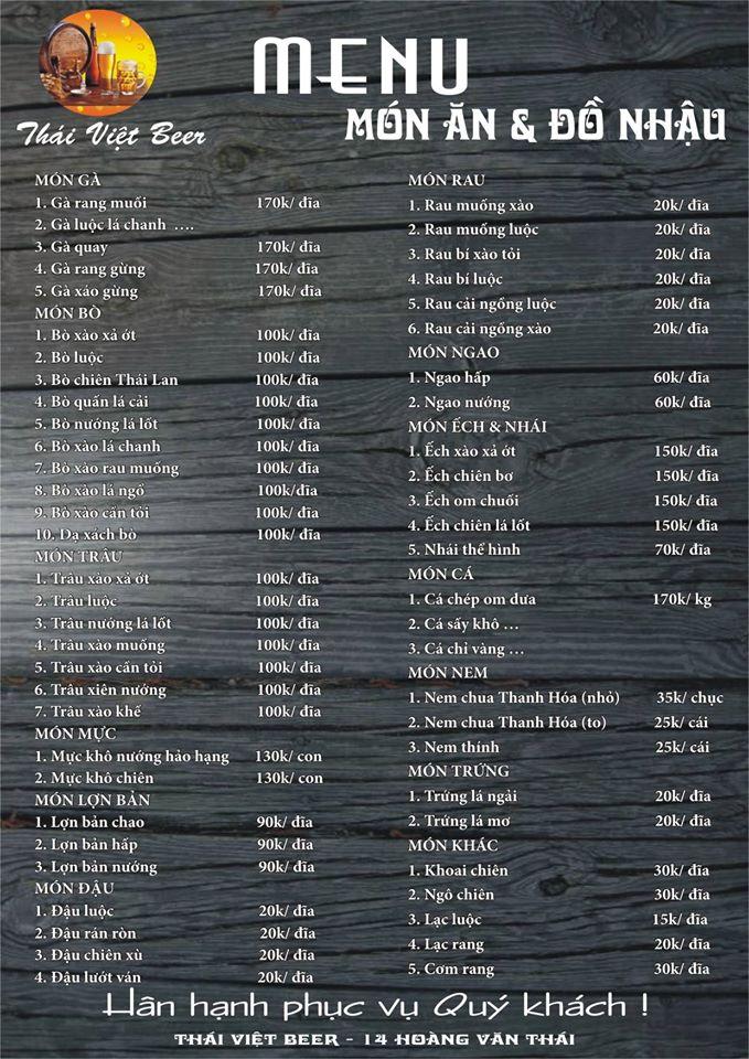 Menu at Thái Việt Beer restaurant, Điện Biên Phủ