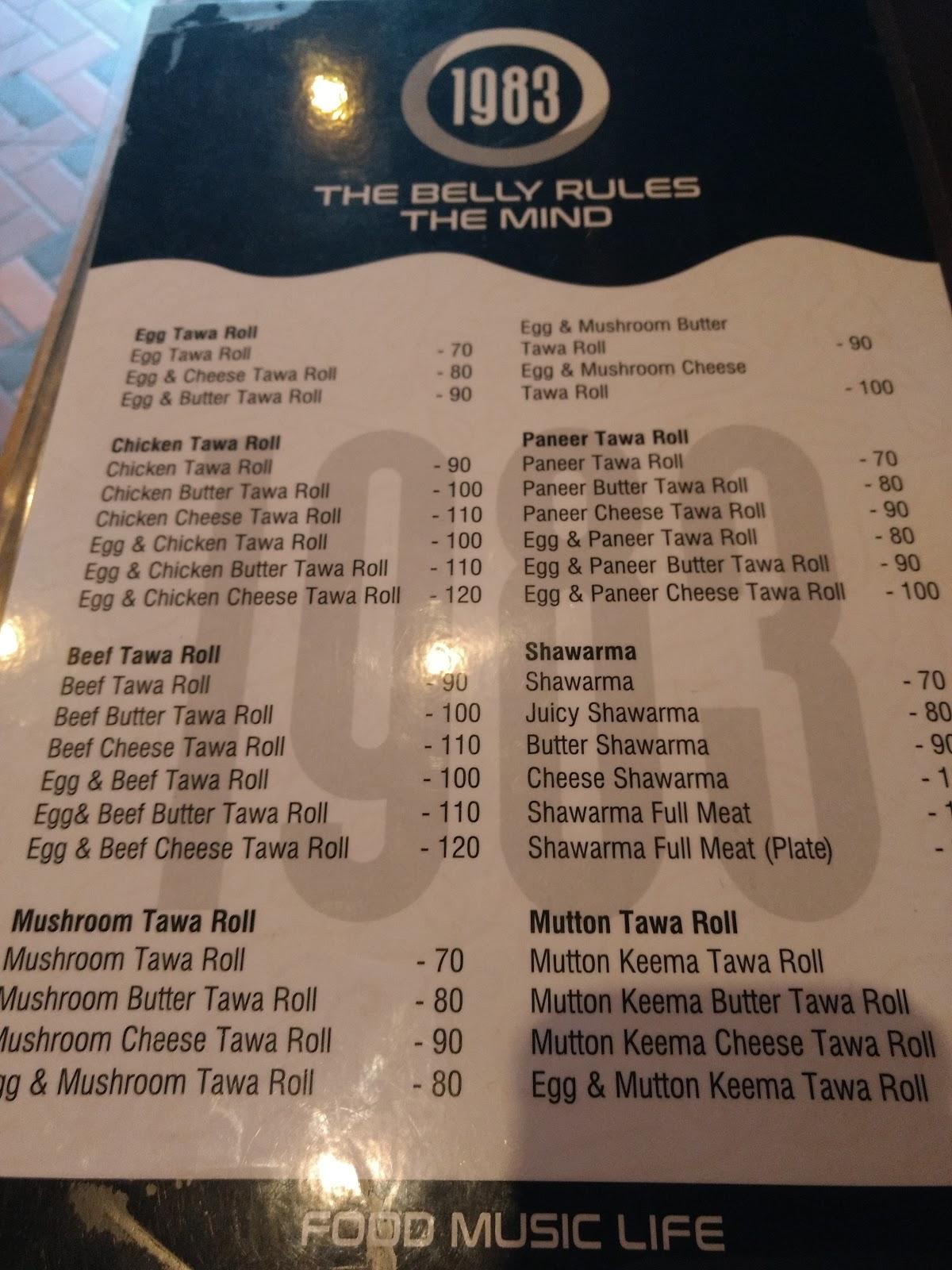 Menu at Cafe 1983, Thrissur