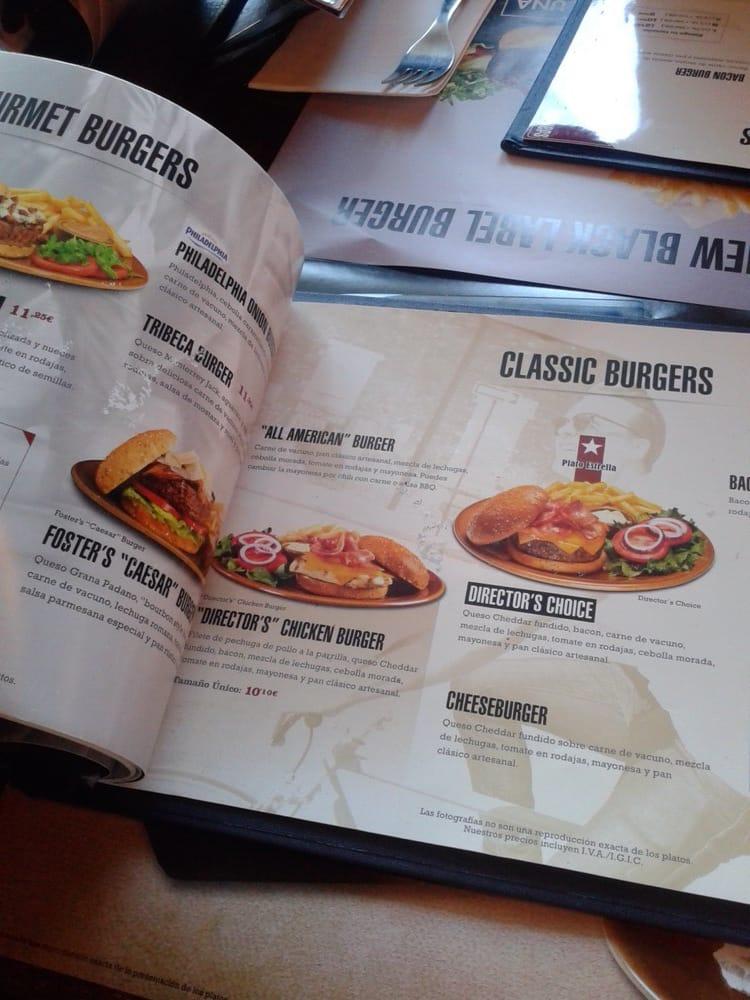 Menu at Foster's Hollywood restaurant, Zaragoza, C.C. Puerto Venecia
