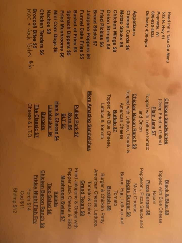 Menu at Head Inn Sports Bar & Grill, Poynette