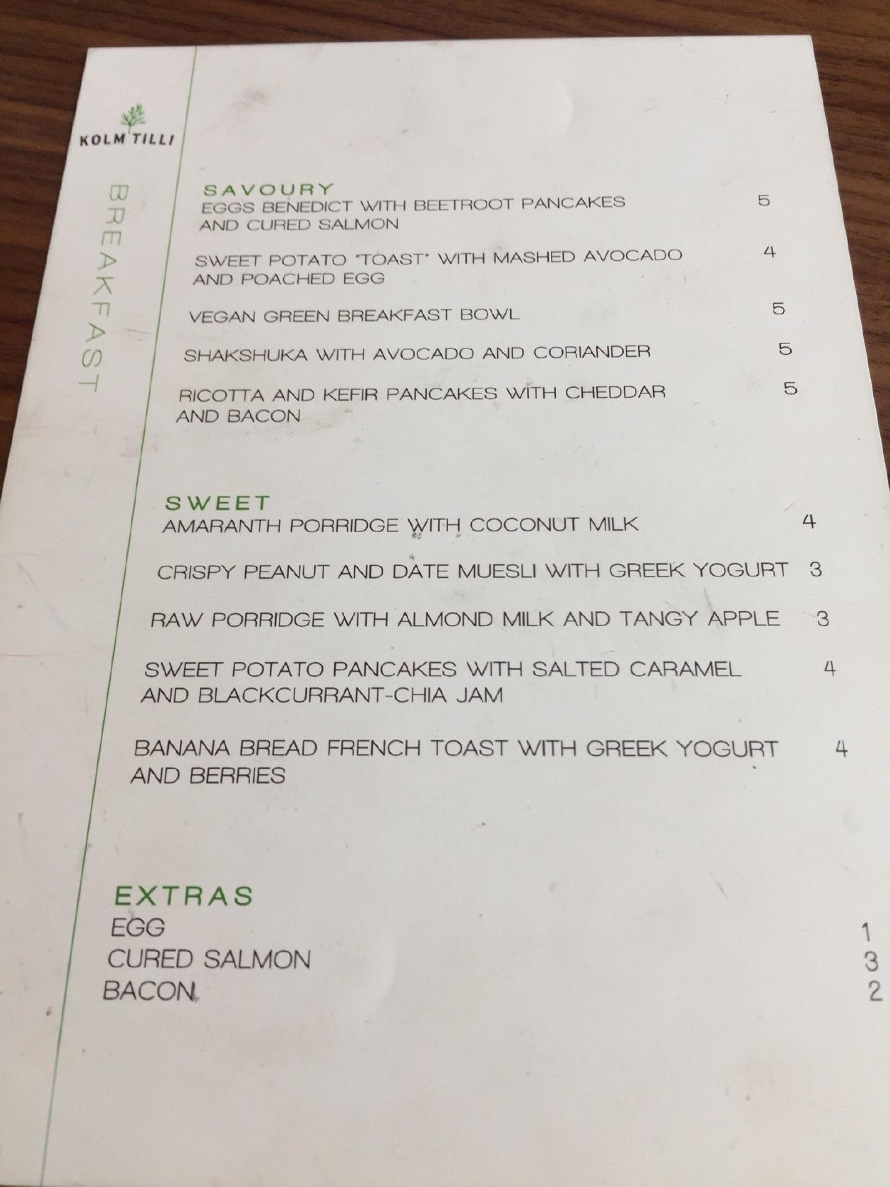 Menu at Kolm Tilli restaurant, Tartu