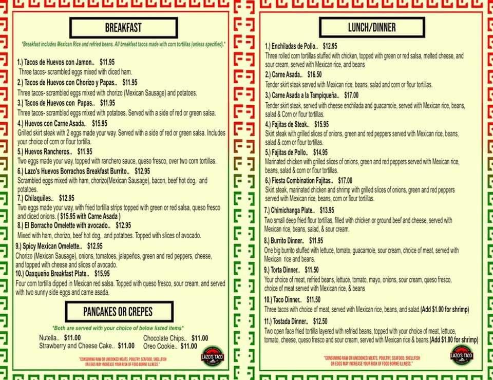 Menu at Lazo's Taco Shack restaurant, Milwaukee