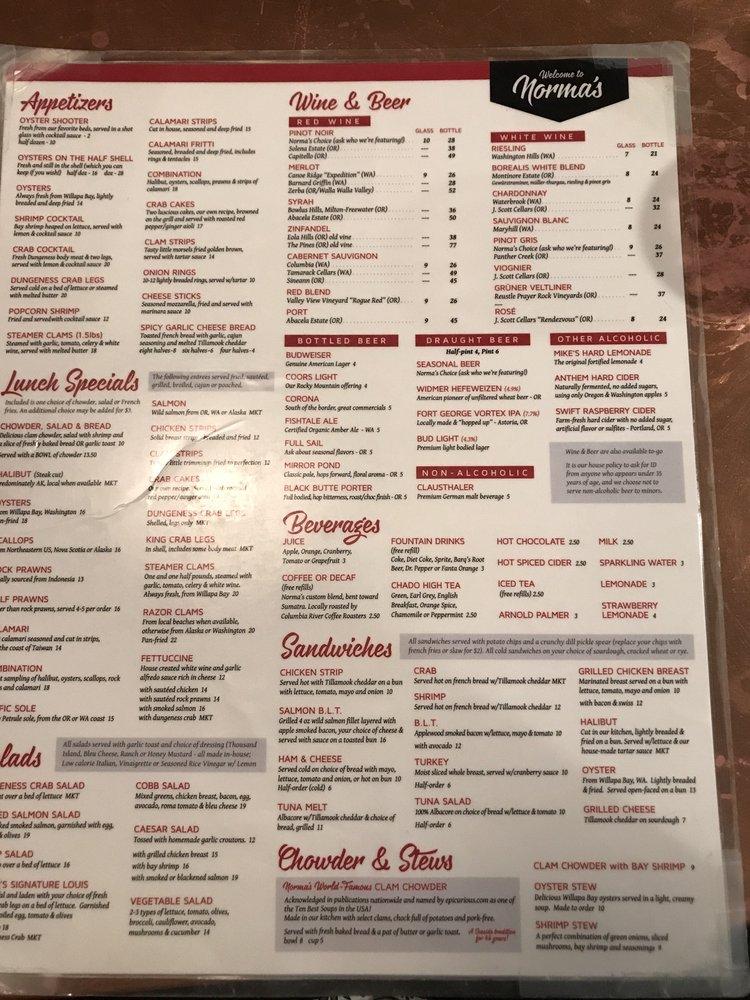 Menu at Norma's Seafood & Steak steakhouse, Seaside, 20 N Columbia St