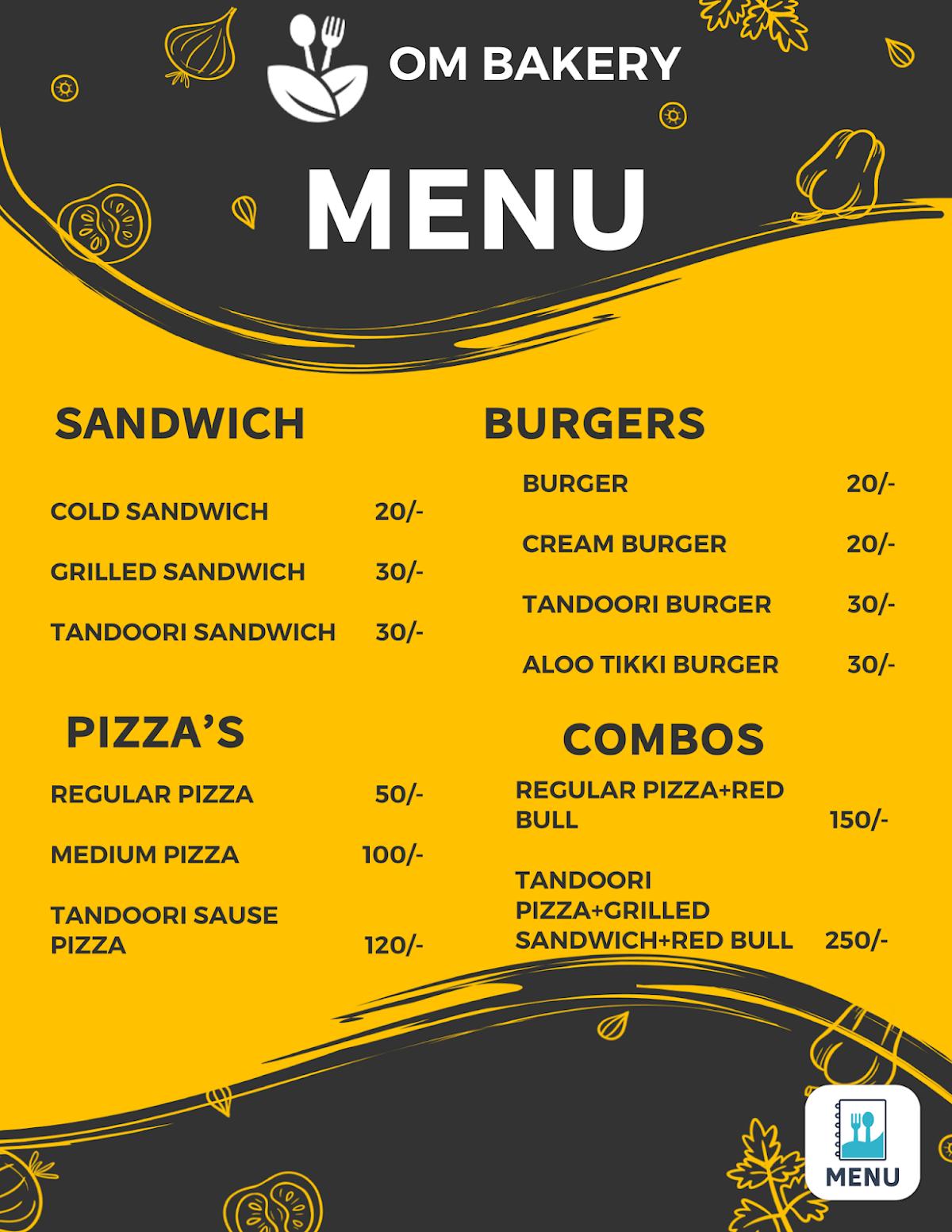 Menu at OM Confectionery & Bakery Shop, Fazilka