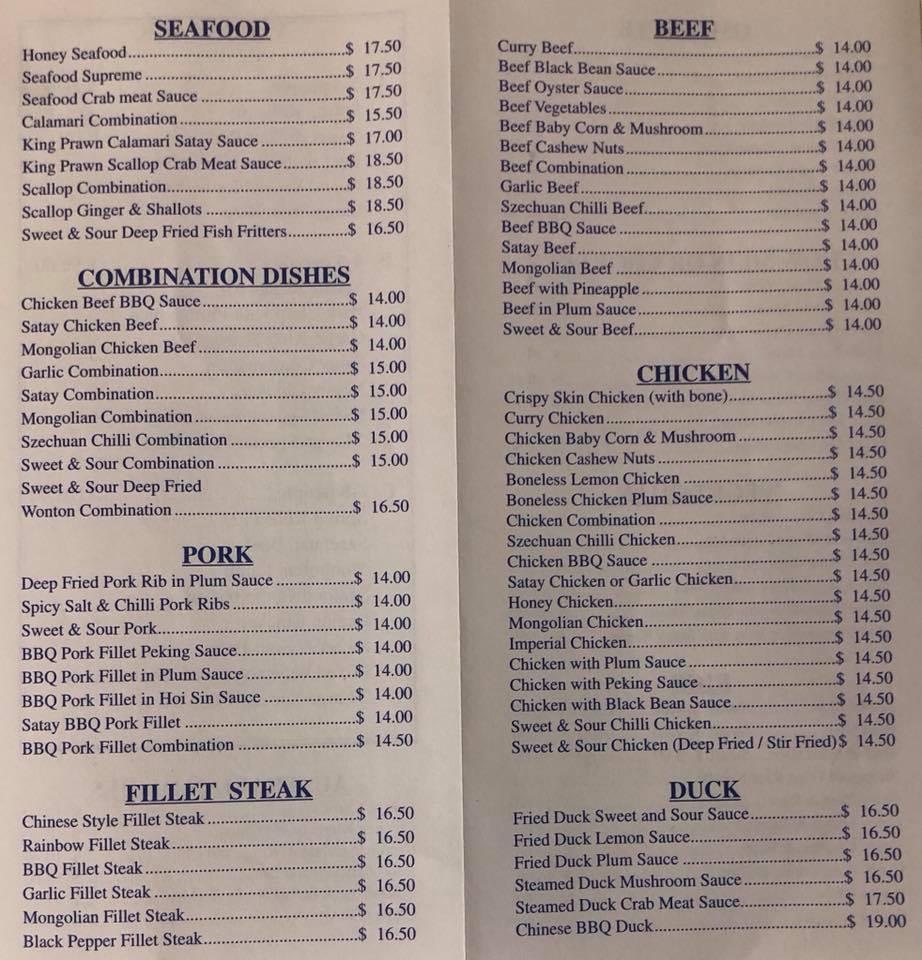 Menu at Palace Chinese Restaurant, Bangalow