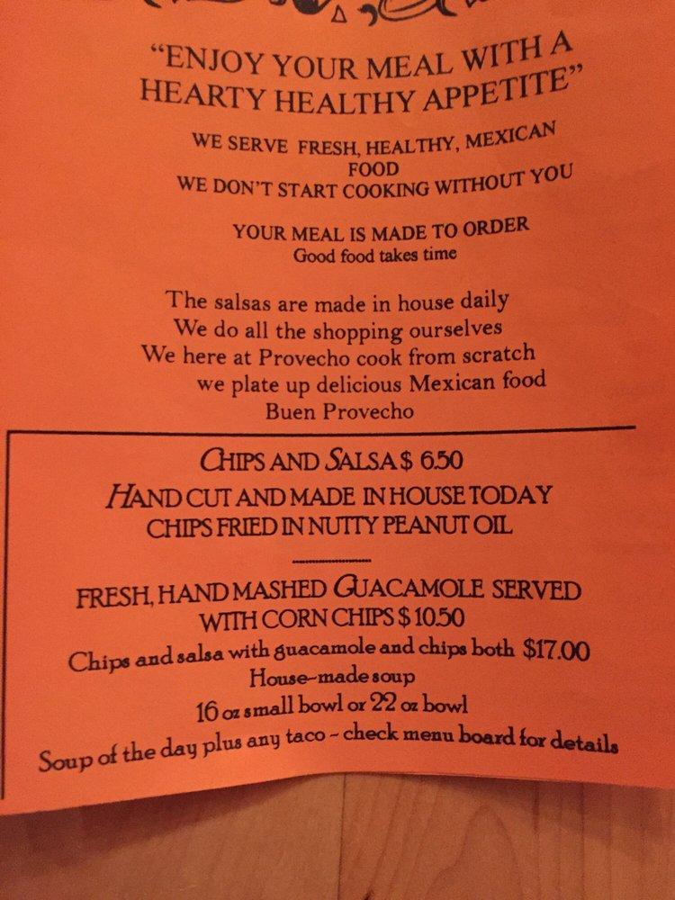 Menu at Provecho restaurant, Vancouver