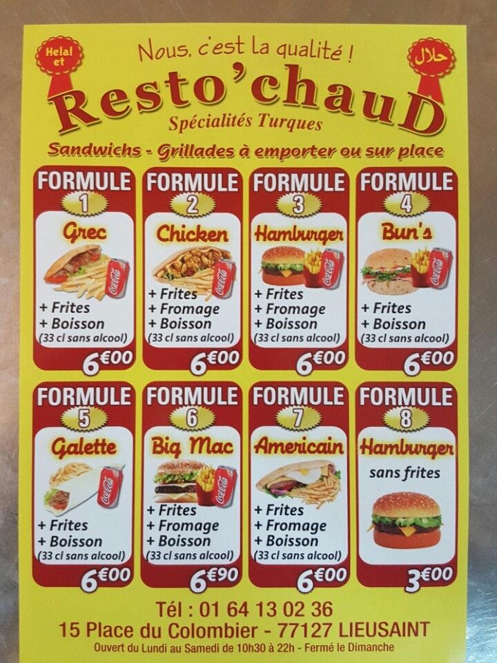 Menu at Resto'Chaud restaurant, Lieusaint