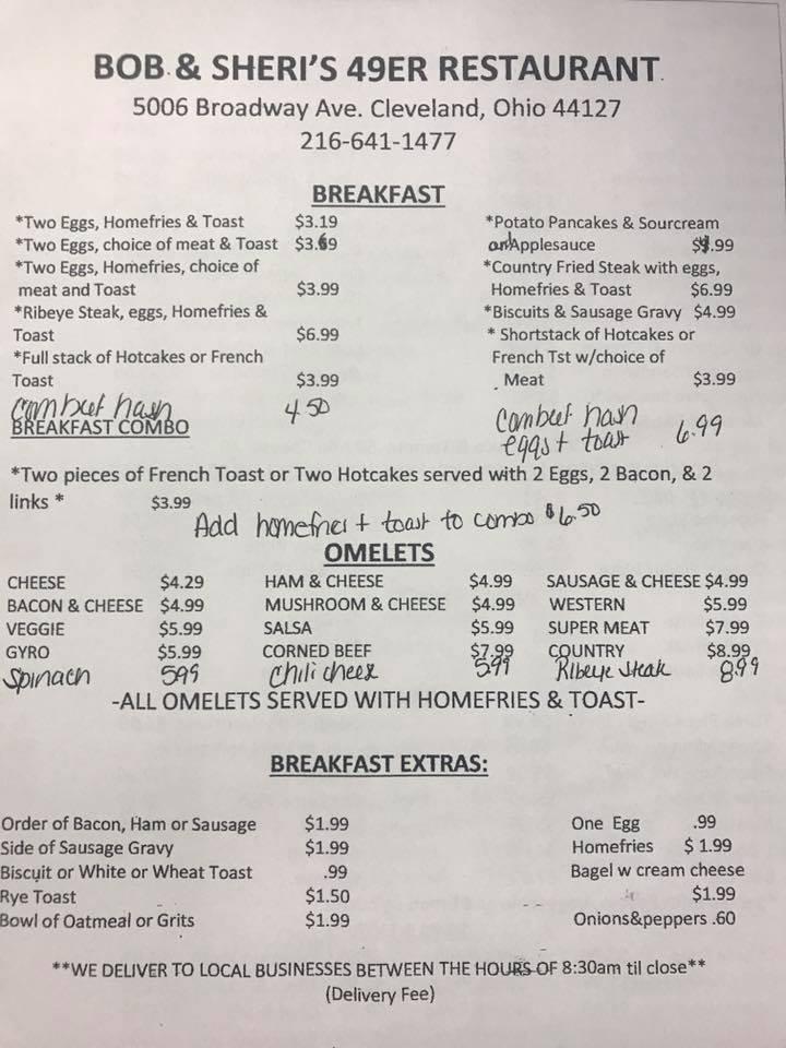 Menu at Bob & Sheri’s Forty Niner Restaurant, Cleveland