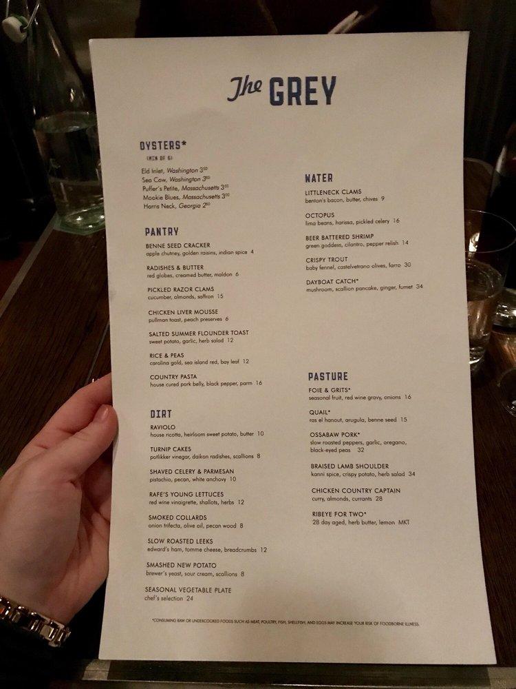 Menu at The Grey restaurant, Savannah