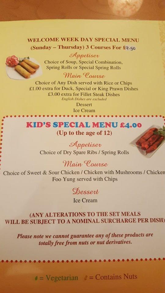 Menu at The Welcome Chinese Restaurant, South Kirkby