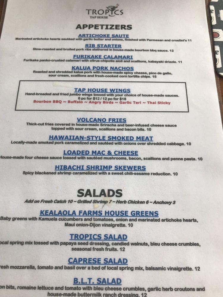 Menu at Tropics Taphouse Kona pub & bar, Kailua-Kona