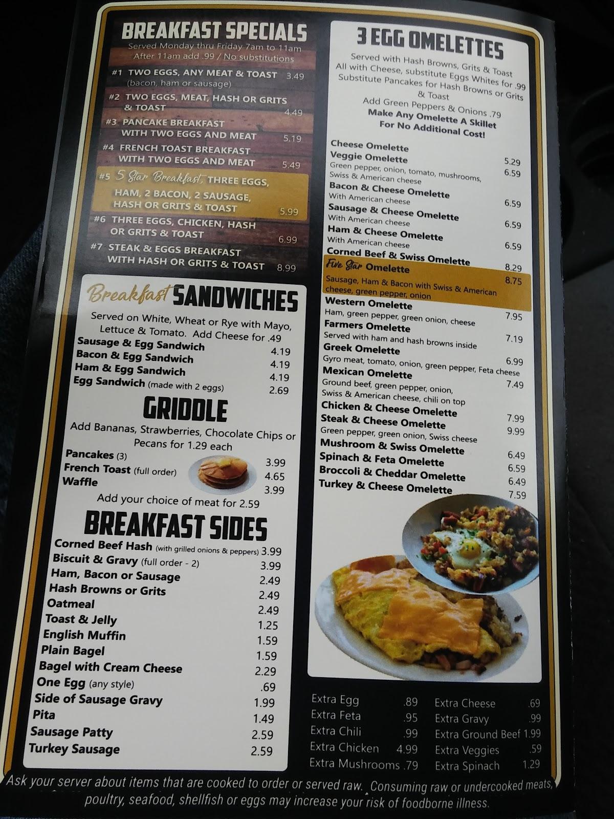 Menu at 5 Star Restaurant Breakfast & Lunch, Eastpointe