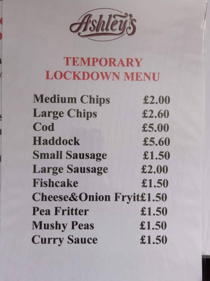 Menu at Ashley's fast food, New Milton