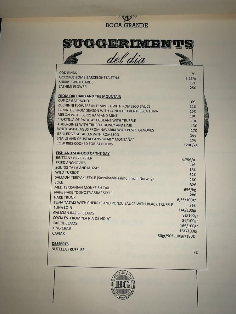 Menu at Boca Grande pub & bar, Barcelona, Passatge de la Concepció