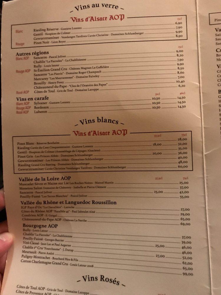 Menu at Bofinger restaurant, Paris, 5-7 Rue de la Bastille