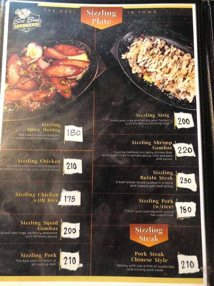 Menu at Bos Ben Restaurant and Sport Bar, Manila