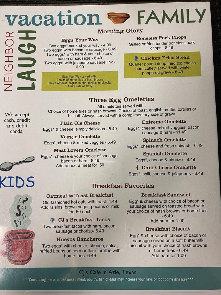 Menu at Cj's Cafe, Azle