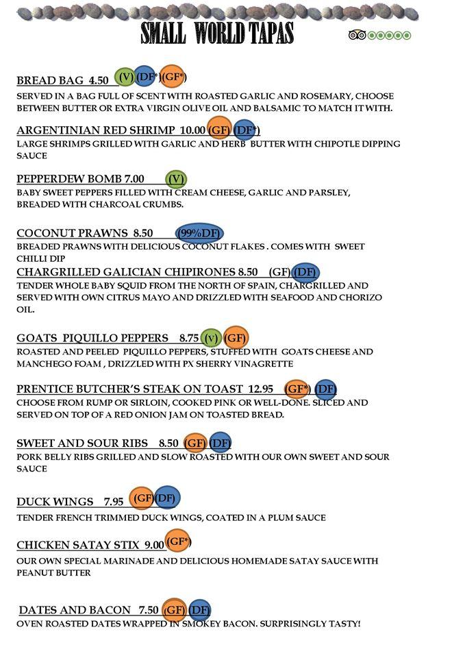 Menu at Small World Restaurant and Tapas Bar, Torquay