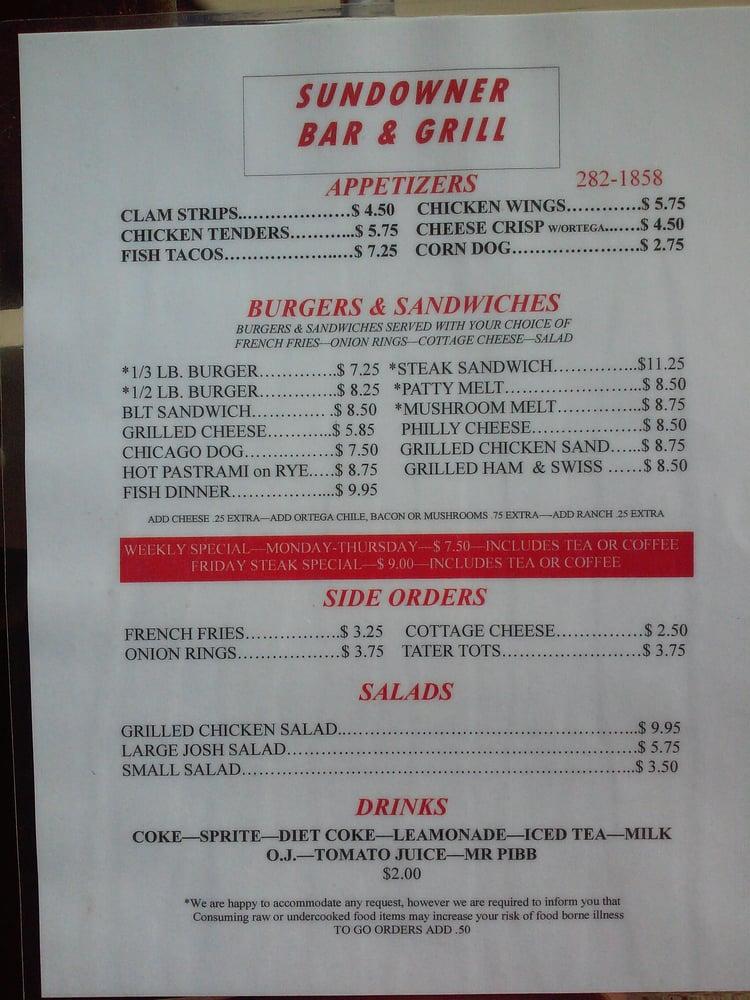 Menu at Sundowner pub & bar, Sedona