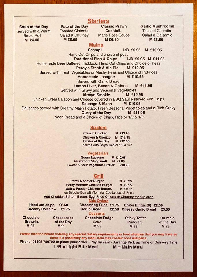 Menu at The Percy Arms pub & bar, Goole