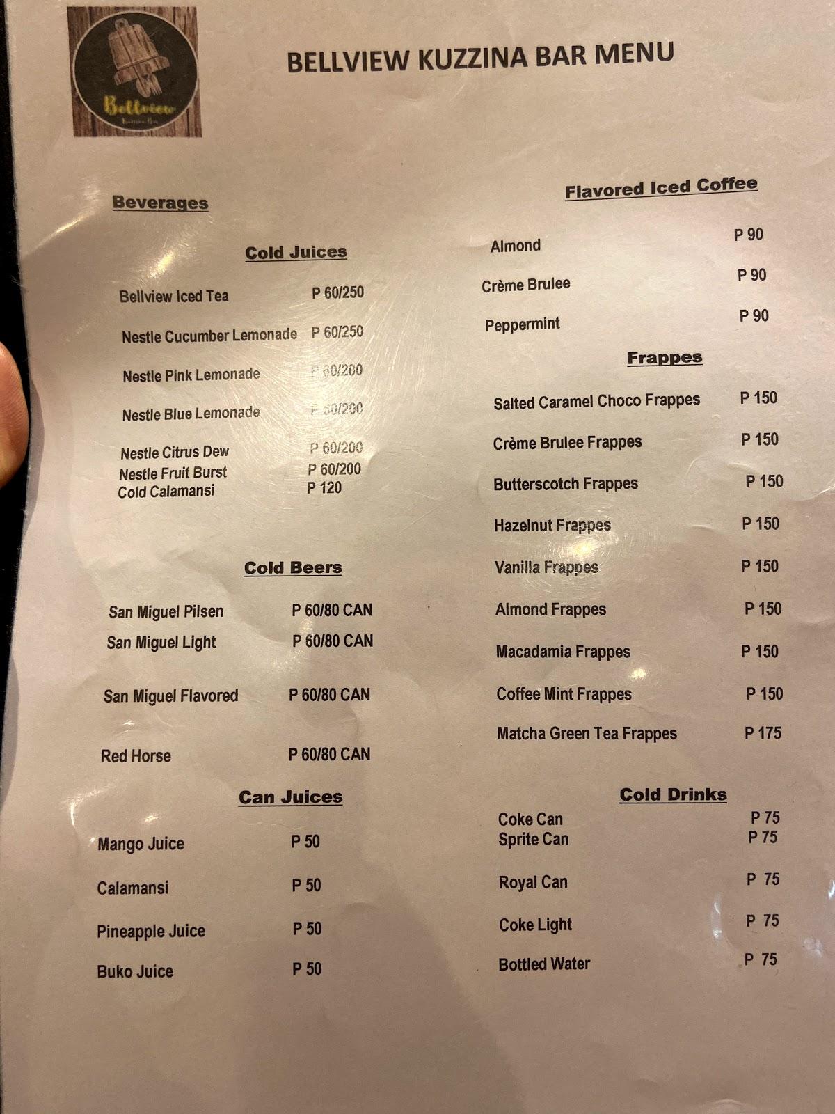 Menu at Bellview Kuzzina Bar, Siquijor