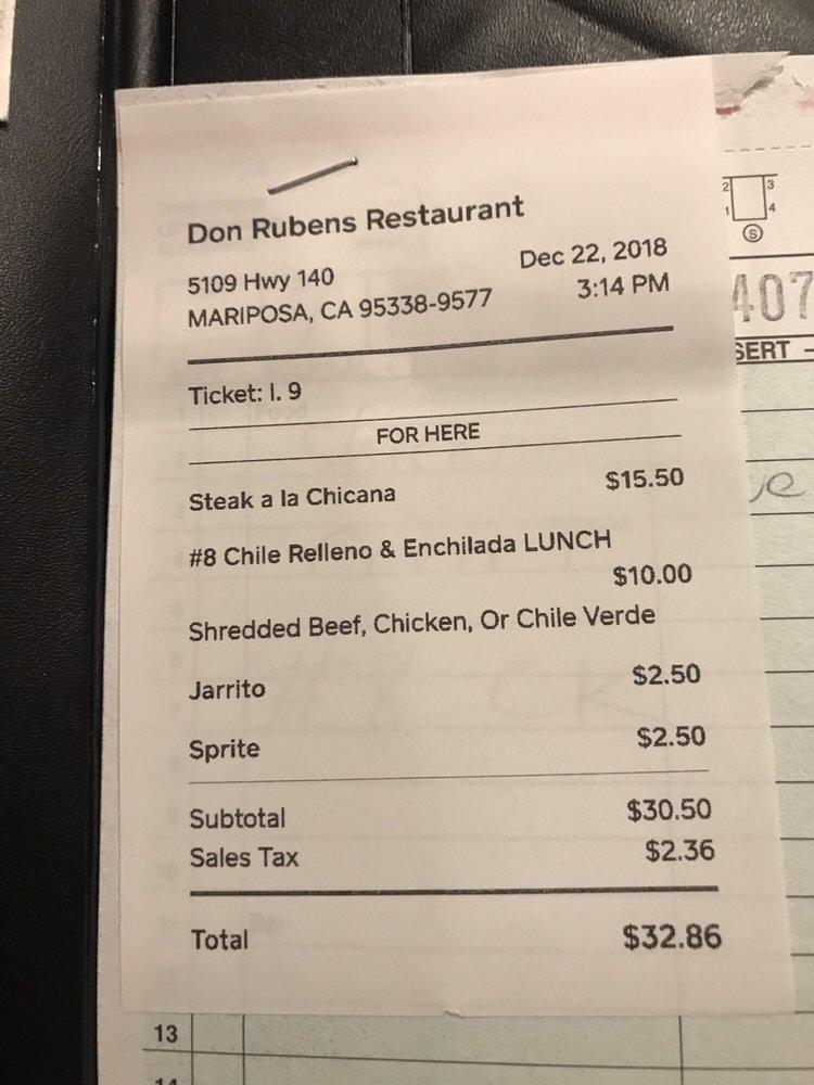Menu at Don Ruben's Mexican Restaurant, Mariposa