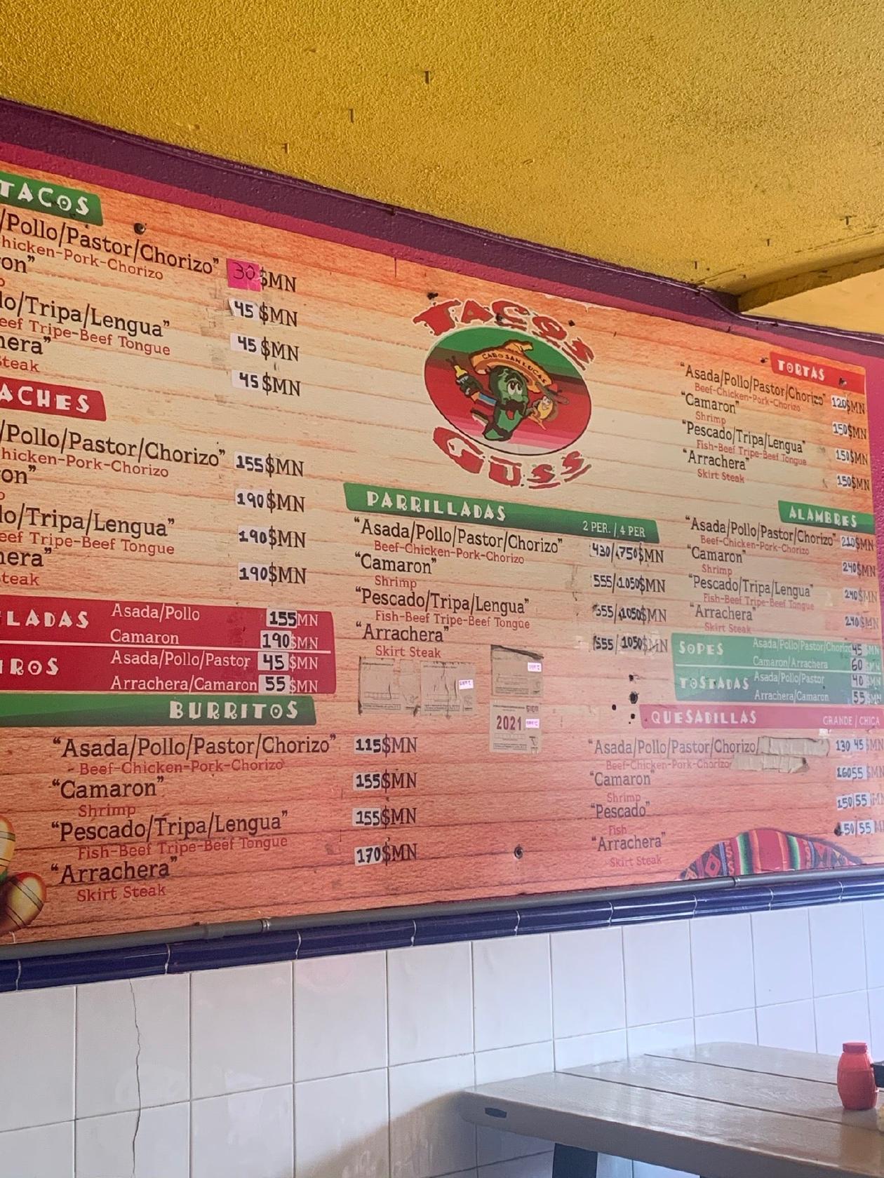 Menu at Guss Tacos restaurant, Cabo San Lucas, Blvd Lazaro Cardenas ...