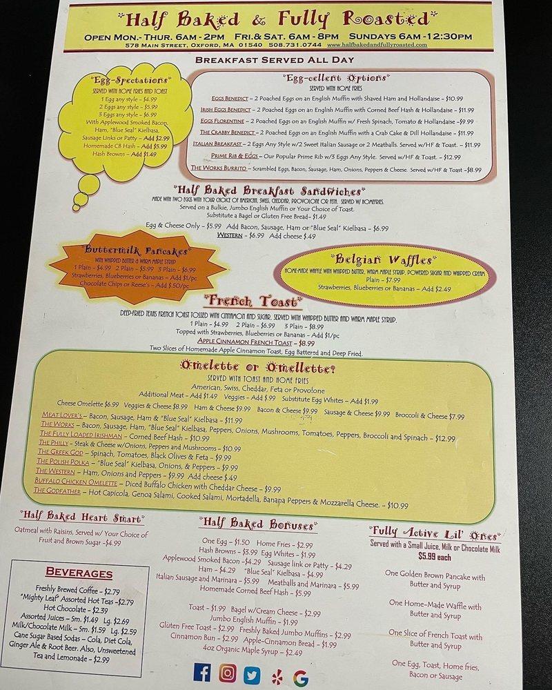 Menu at Half Baked and Fully Roasted restaurant, Oxford