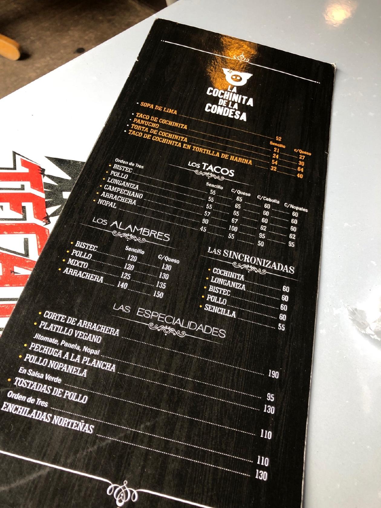 Carta del restaurante La Cochinita del la Condesa, Ciudad del México