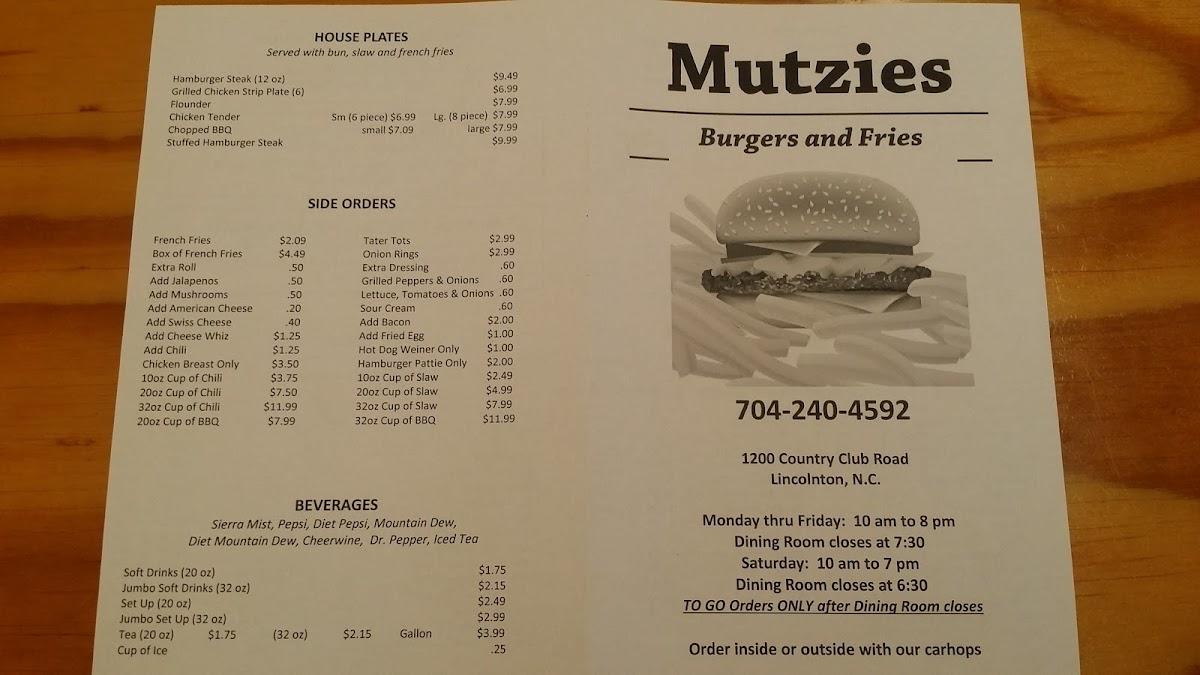 Menu at Mutzies fast food, Lincolnton, Country Club Rd