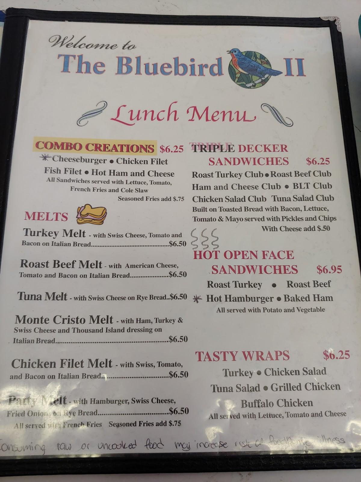 Menu at The Bluebird 2 Diner restaurant, Factoryville