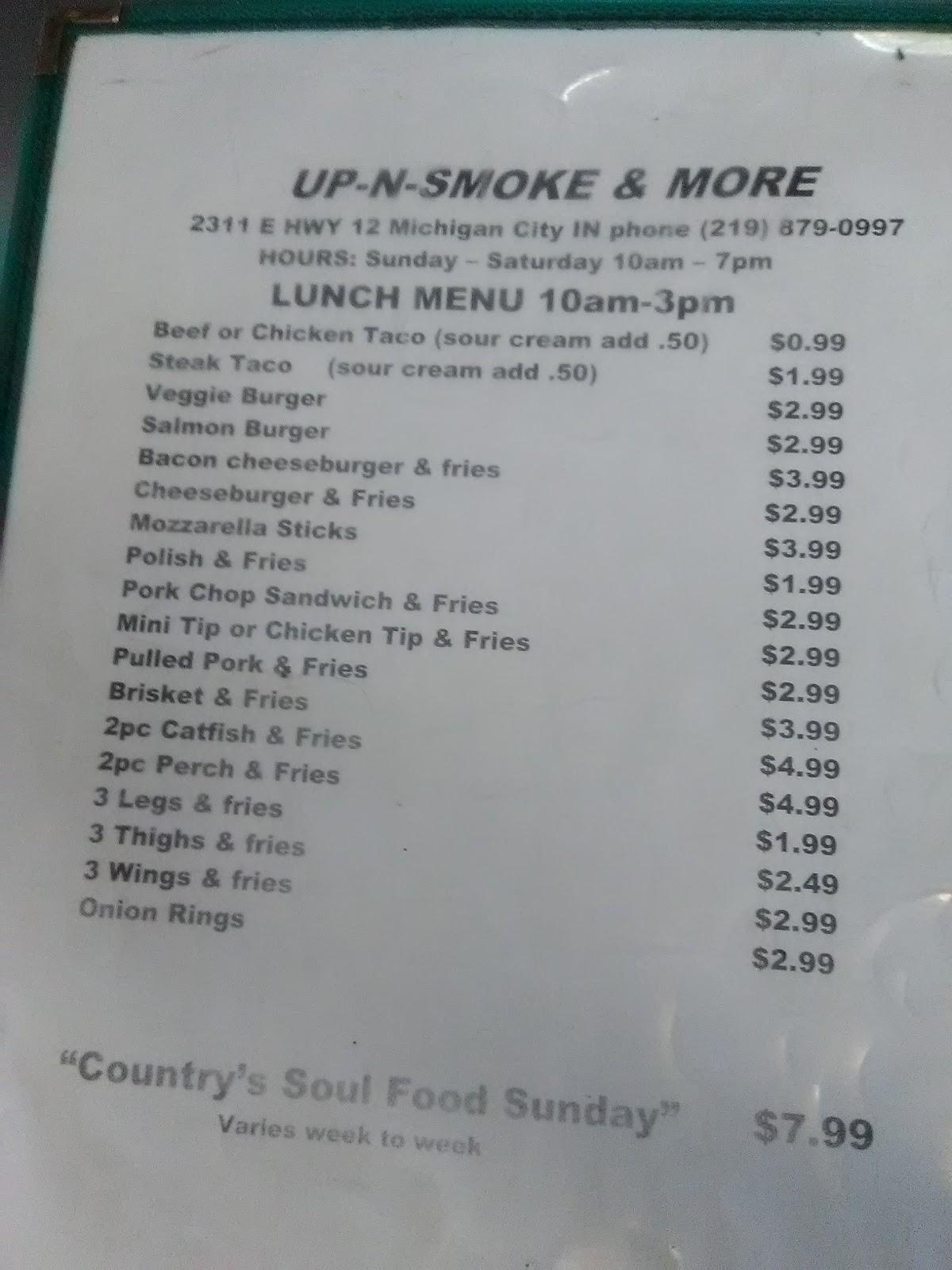 Menu at Up N Smoke Rib Shack BBQ, Michigan City, E US Highway 12