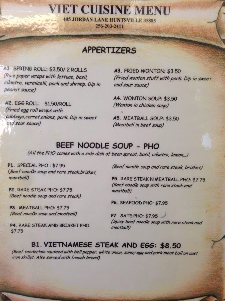 Menu at Viet Cuisine restaurant, Huntsville