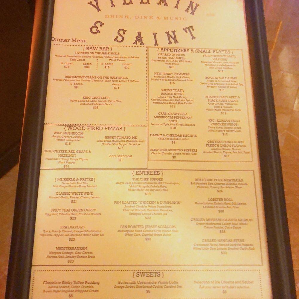 Menu at Villain & Saint restaurant, Atlantic City, 500 Boardwalk