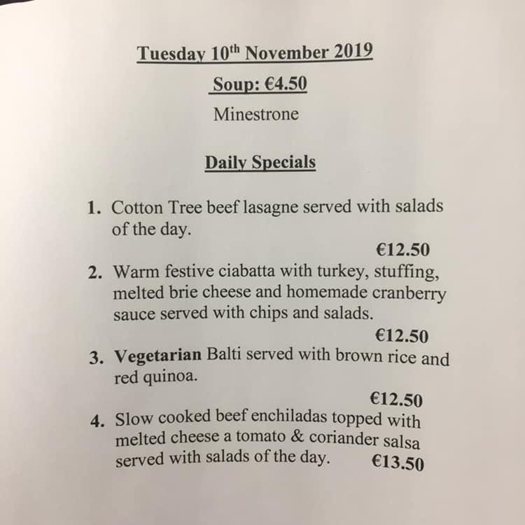 Menu at Cotton Tree Cafe, Enniscorthy