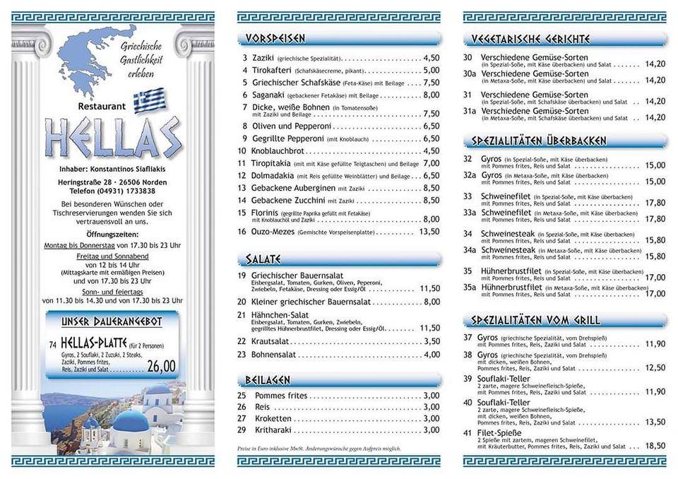 Speisekarte von Hellas restaurant, Norden