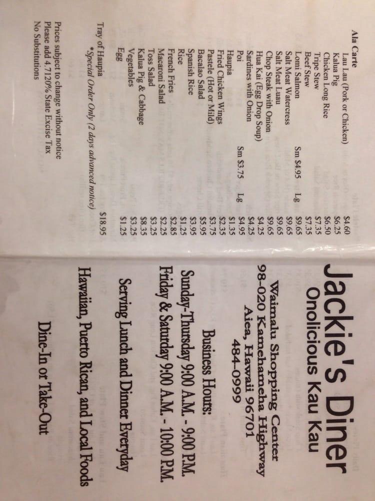 Menu at Jackie's Diner restaurant, Aiea