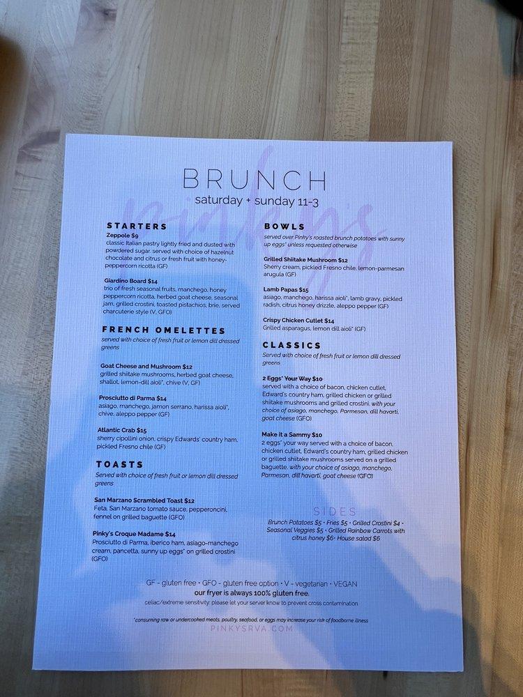 Menu at Pinky's restaurant, Richmond