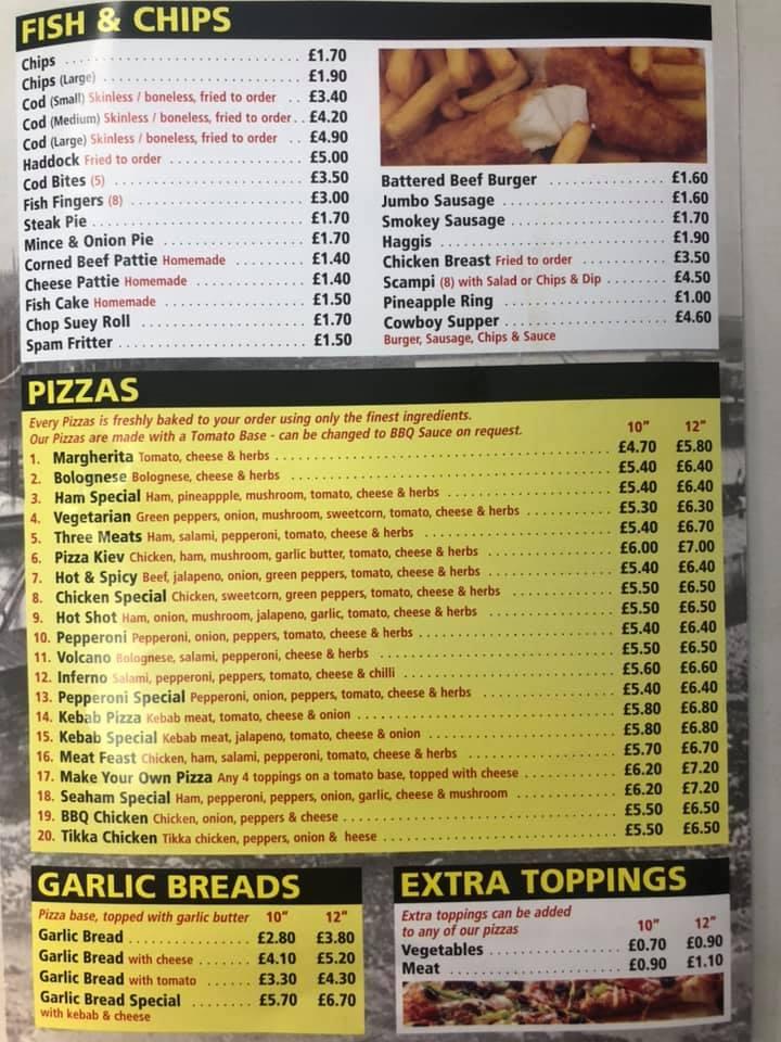 Menu at Seaham Chippy fast food, Seaham
