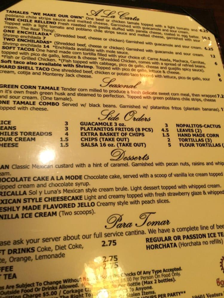 Menu at Sol Y Luna pub & bar, Los Angeles, Ventura Blvd