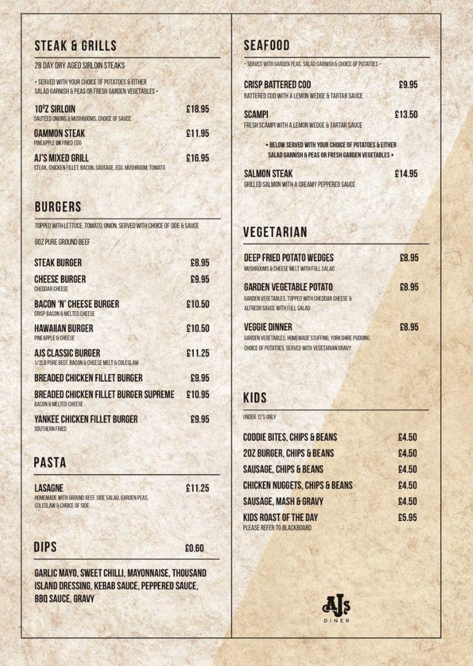 Menu at AJ's Diner restaurant, Crossgar
